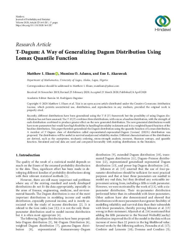 (PDF) T-Dagum: A Way of Generalizing Dagum Distribution Using Lomax ...