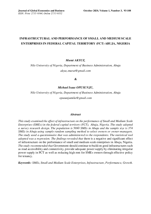 (PDF) Infrastructural and Performance of Small and Medium Scale Enterprises in Federal Capital ...