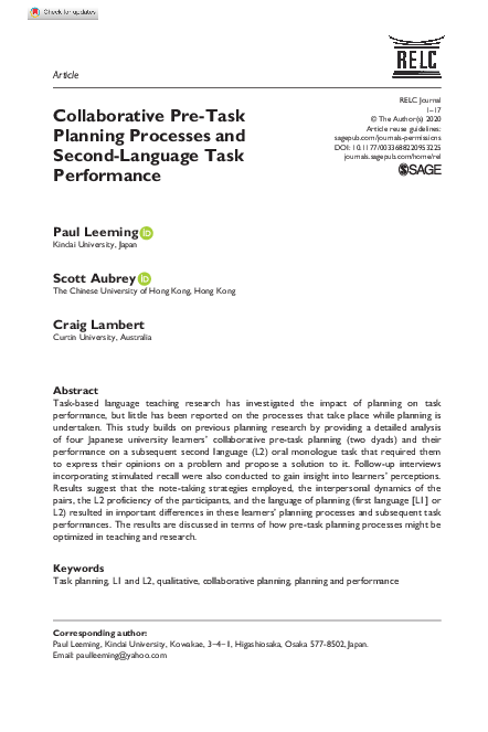 (PDF) (2020) Collaborative Pre-Task Planning Processes and Second ...