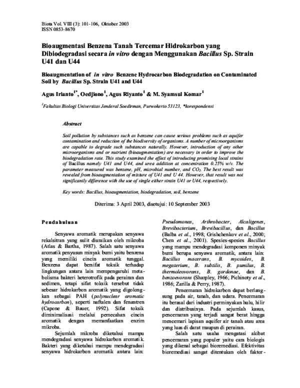 (PDF) Bioaugmentasi Benzena Tanah Tercemar Hidrokarbon yang ...