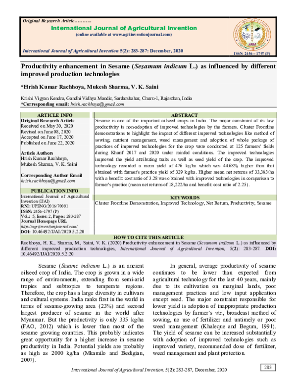 (PDF) Productivity enhancement in Sesame (Sesamum indicum L.) as ...