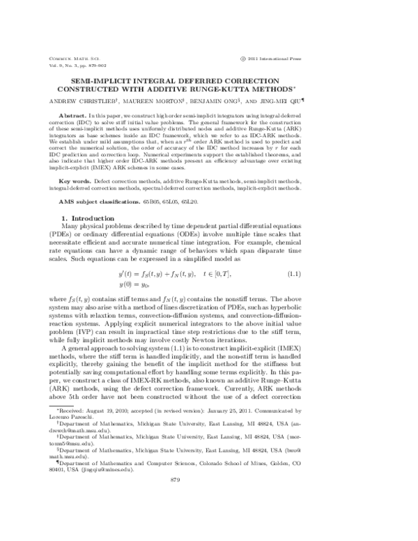 Pdf Semi Implicit Integral Deferred Correction Constructed With Additive Rungekutta Methods