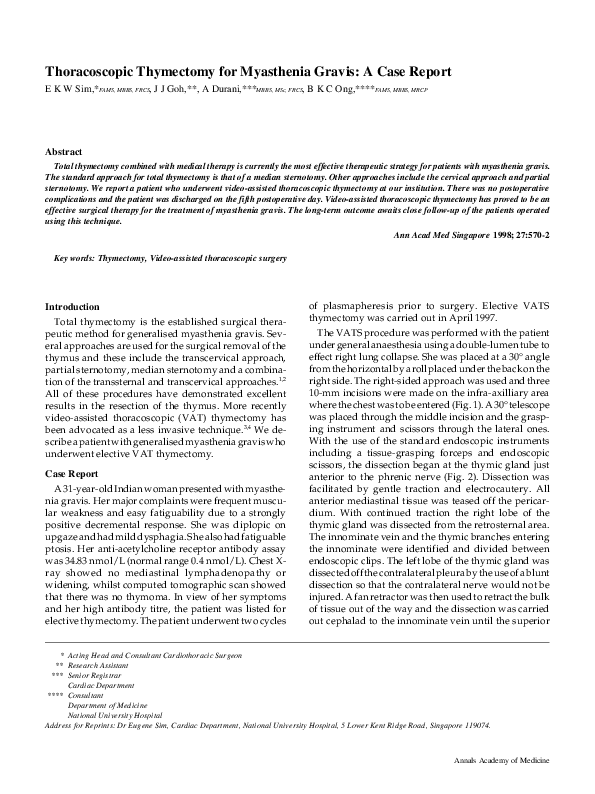 (PDF) Thoracoscopic thymectomy for myasthenia gravis: a case report