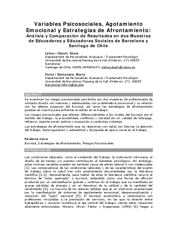 (PDF) Variables Psicosociales, Agotamiento Emocional y Estrategias de ...