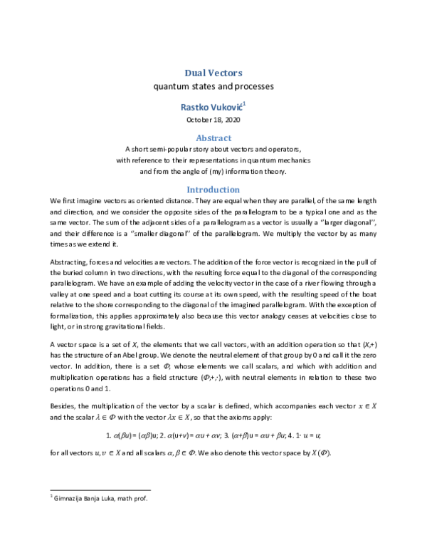 (PDF) Dual Vectors – quantum states and processes