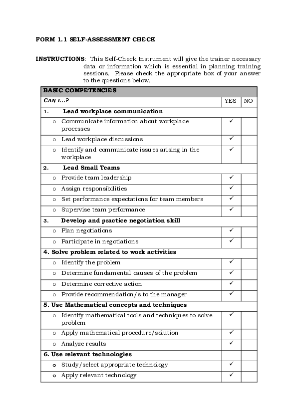 (DOC) FORM 1.1 SELF-ASSESSMENT CHECK