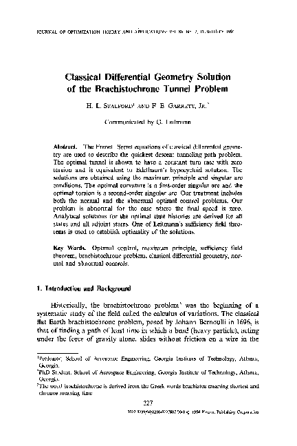 (PDF) Classical differential geometry solution of the brachistochrone tunnel problem