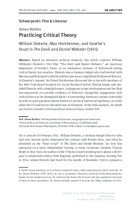 (PDF) Practicing Critical Theory: William Dieterle, Max Horkheimer, and ...