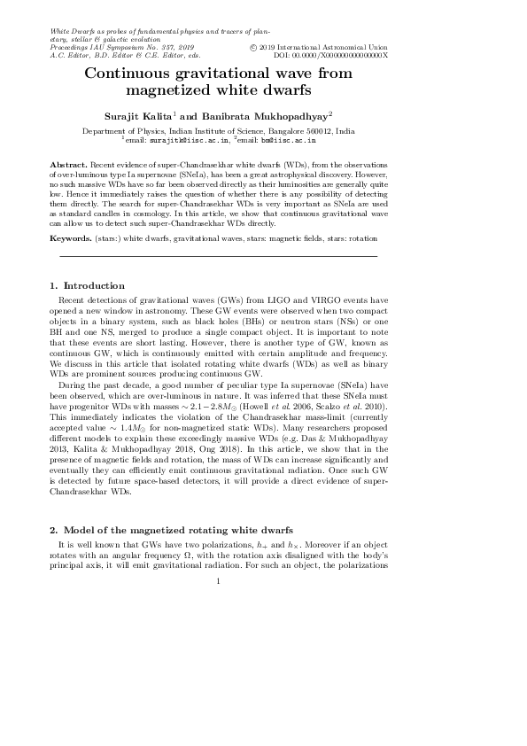 Pdf Continuous Gravitational Wave From Magnetized White Dwarfs
