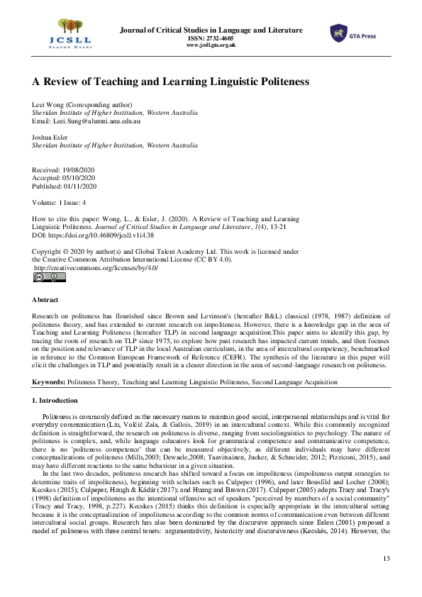 (PDF) A Review of Teaching and Learning Linguistic Politeness
