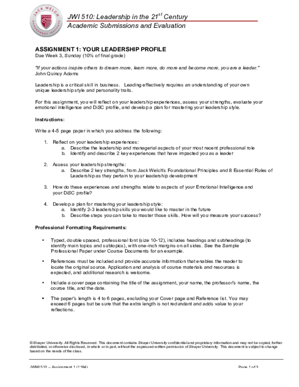 (PDF) ASSIGNMENT 1: YOUR LEADERSHIP PROFILE