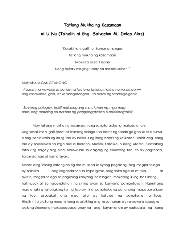 (PDF) Tatlong Mukha ng Kasamaan ni U Nu (Isinalin ni Gng. Salvacion M. Delas Alas