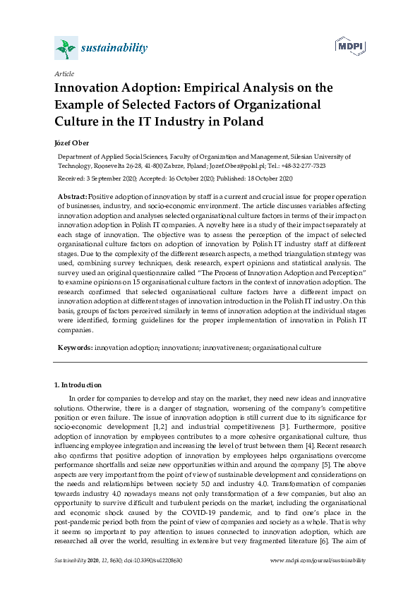 (PDF) Innovation Adoption: Empirical Analysis on the Example of Selected Factors of ...