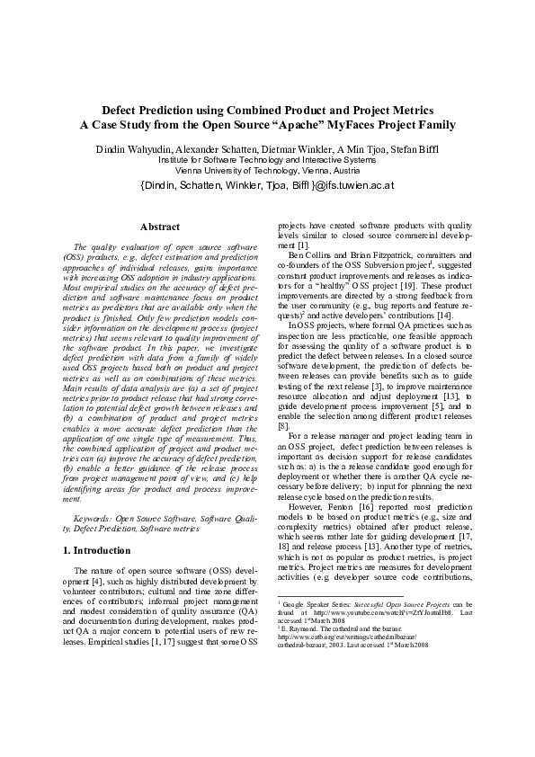 Pdf Defect Prediction Using Combined Product And Project Metrics A