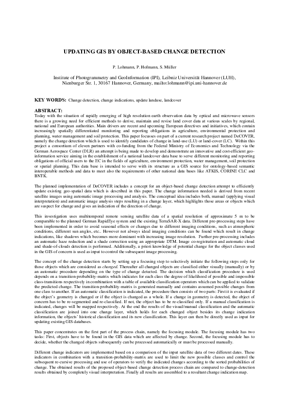 (PDF) Updating GIS by object-based change detection