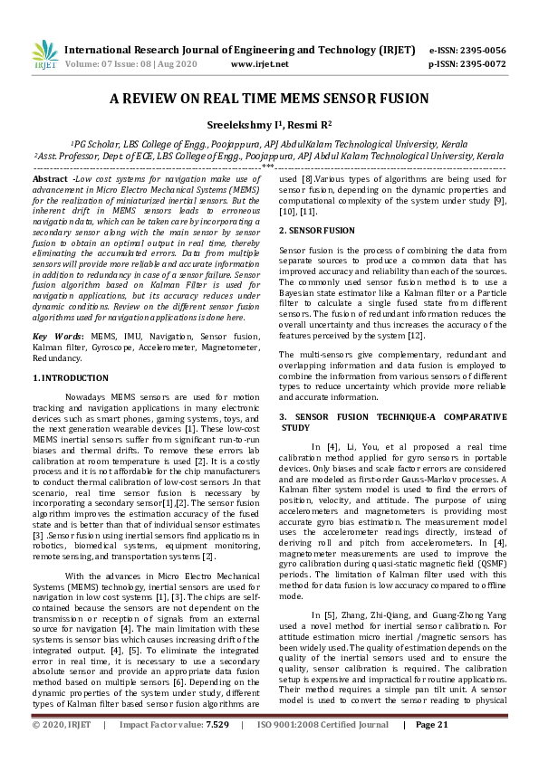 Pdf Irjet A Review On Real Time Mems Sensor Fusion