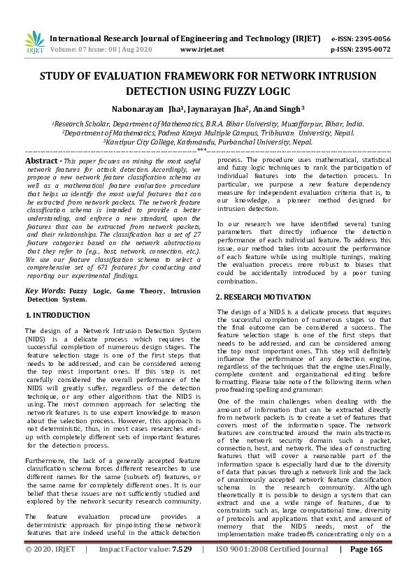 (PDF) IRJET- STUDY OF EVALUATION FRAMEWORK FOR NETWORK INTRUSION DETECTION USING FUZZY LOGIC
