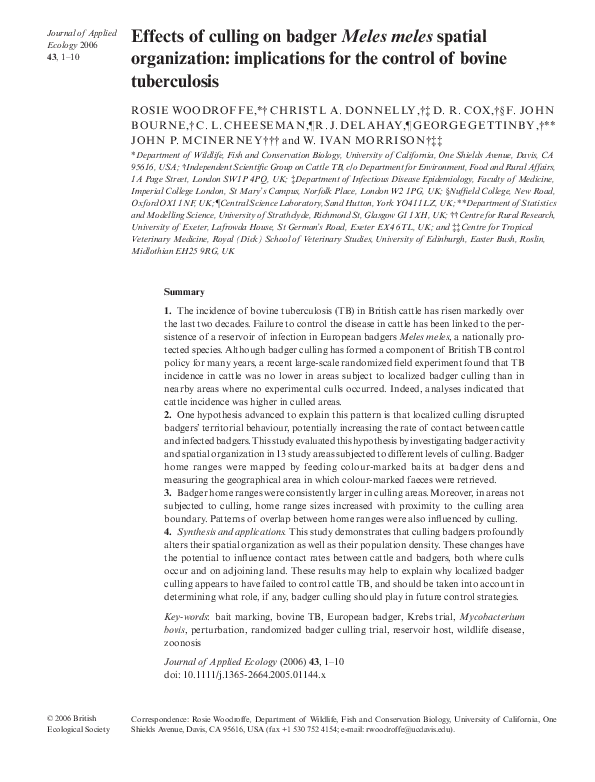 (PDF) Effects of culling on badger Meles meles spatial organization ...