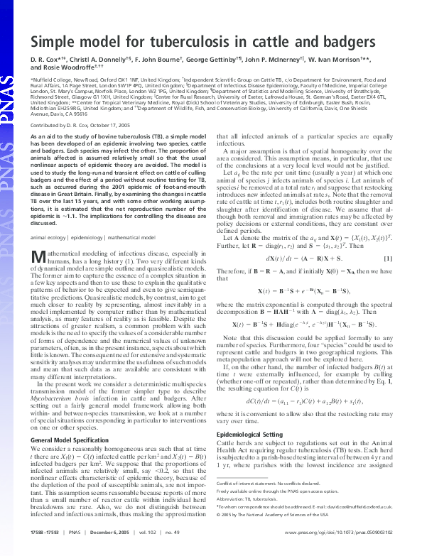 (PDF) Simple model for tuberculosis in cattle and badgers