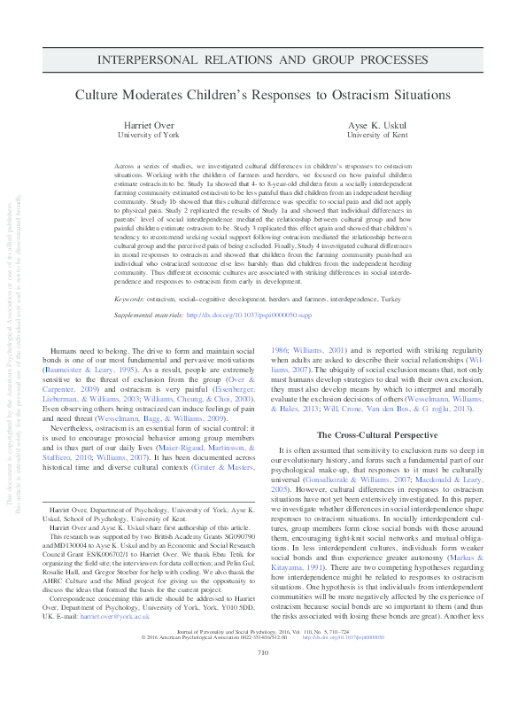 (PDF) Culture Moderates Children's Responses to Ostracism Situations