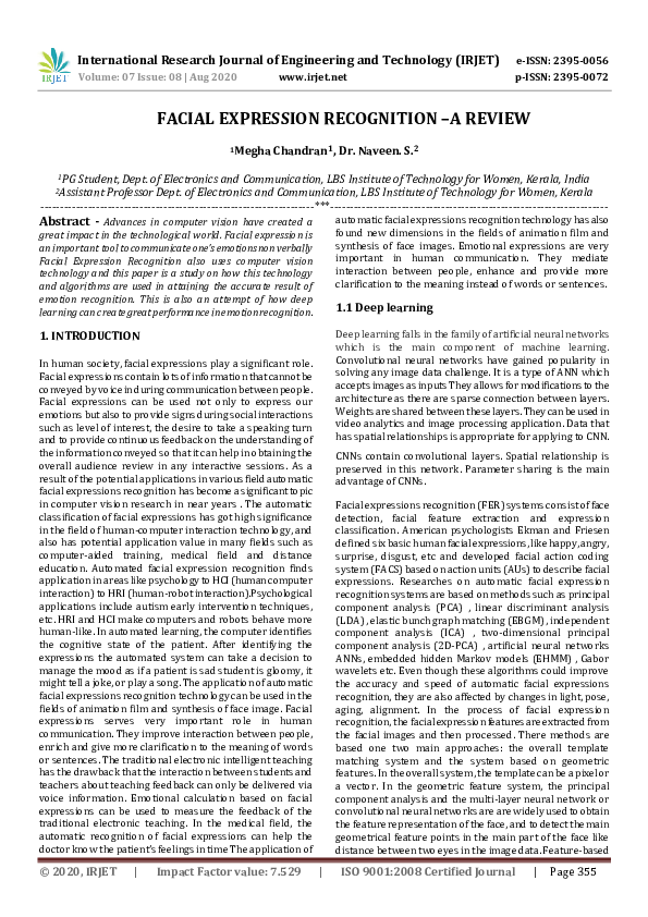 (PDF) IRJET- FACIAL EXPRESSION RECOGNITION -A REVIEW