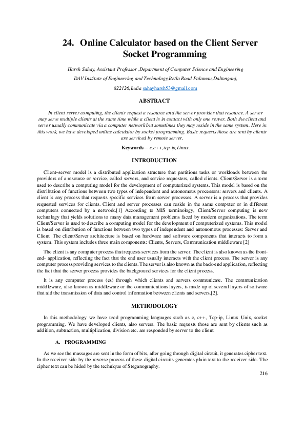 (PDF) 24. Online Calculator based on the Client Server Socket Programming (PDF) 24. Online Calculator based on the Client Server Socket Programming