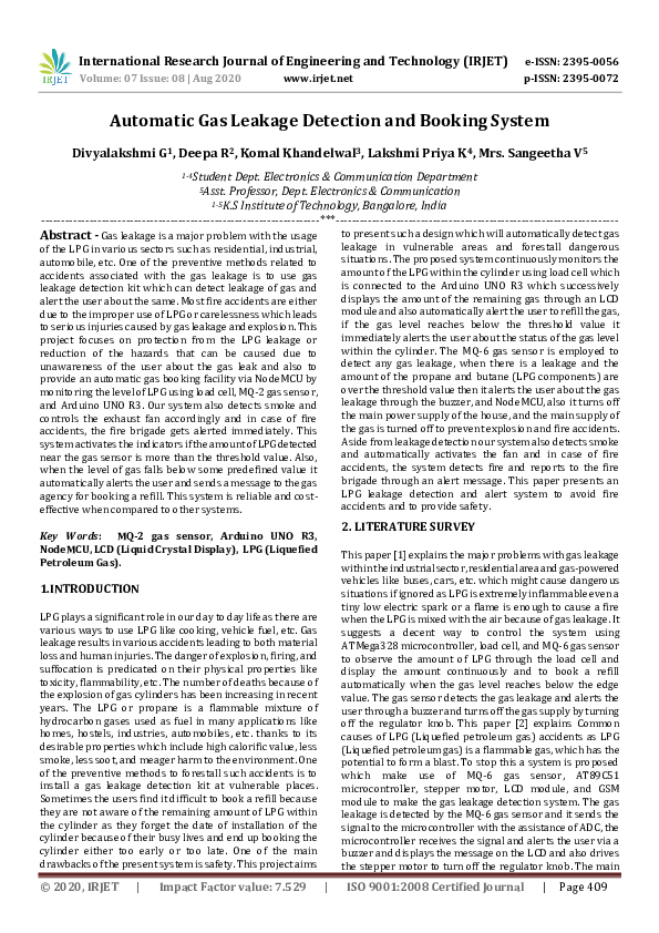 (PDF) IRJET- Automatic Gas Leakage Detection and Booking System