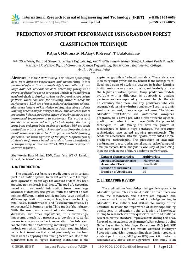 (PDF) IRJET- PREDICTION OF STUDENT PERFORMANCE USING RANDOM FOREST CLASSIFICATION TECHNIQUE