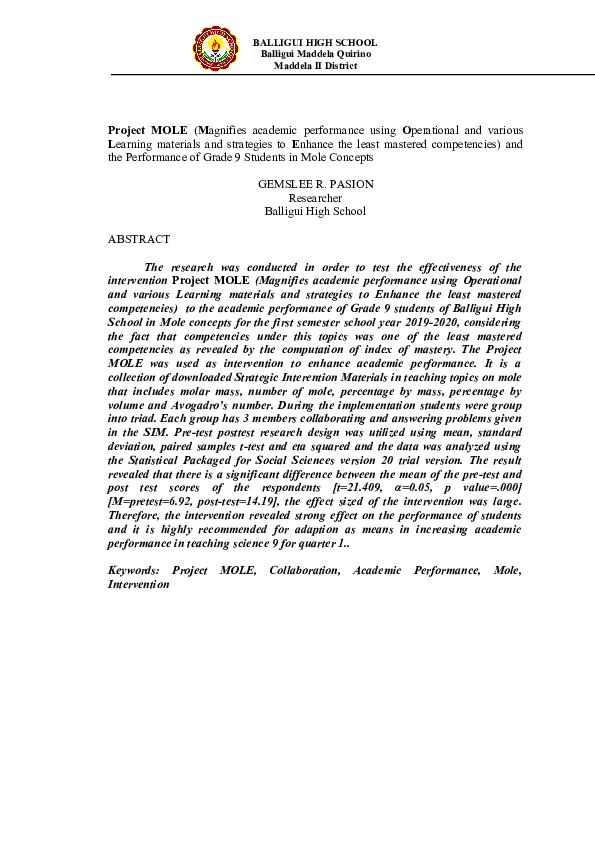 (DOC) Project MOLE and the Performance of Grade 9 Students in Mole Concept