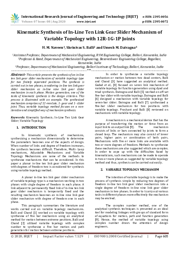 (PDF) IRJET- Kinematic Synthesis of In-Line Ten Link Gear Slider Mechanism of Variable Topology ...