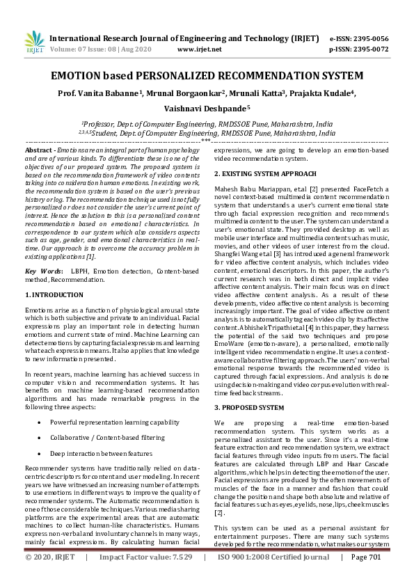 Pdf Irjet Emotion Based Personalized Recommendation System