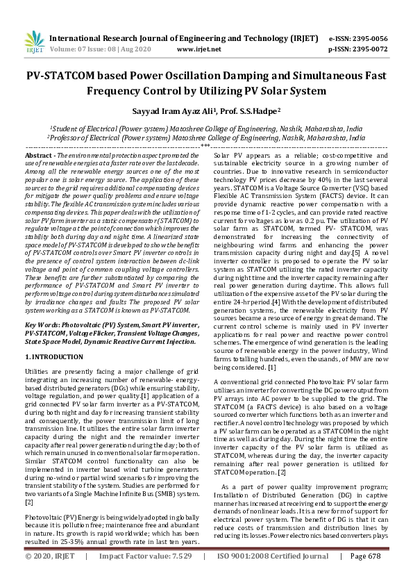 Pdf Irjet Pv Statcom Based Power Oscillation Damping And Simultaneous Fast Frequency Control