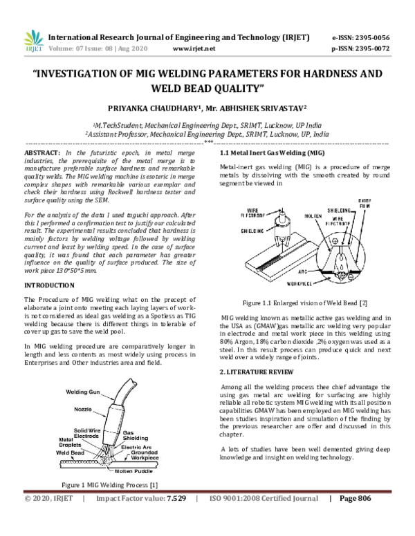 (PDF) IRJET- "INVESTIGATION OF MIG WELDING PARAMETERS FOR HARDNESS AND WELD BEAD QUALITY"