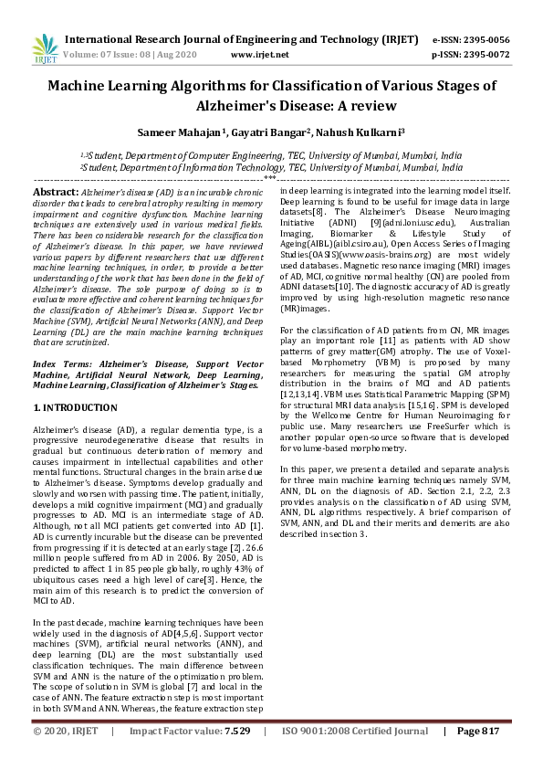 Pdf Irjet Machine Learning Algorithms For Classification Of Various 0336
