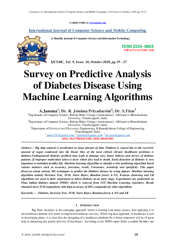 (PDF) Survey on Predictive Analysis of Diabetes Disease Using Machine ...