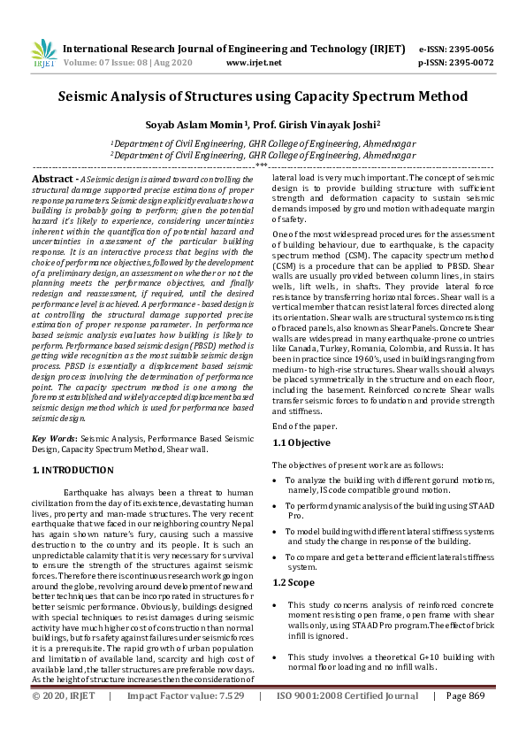 (PDF) Seismic Analysis of Structures using Capacity Spectrum Method