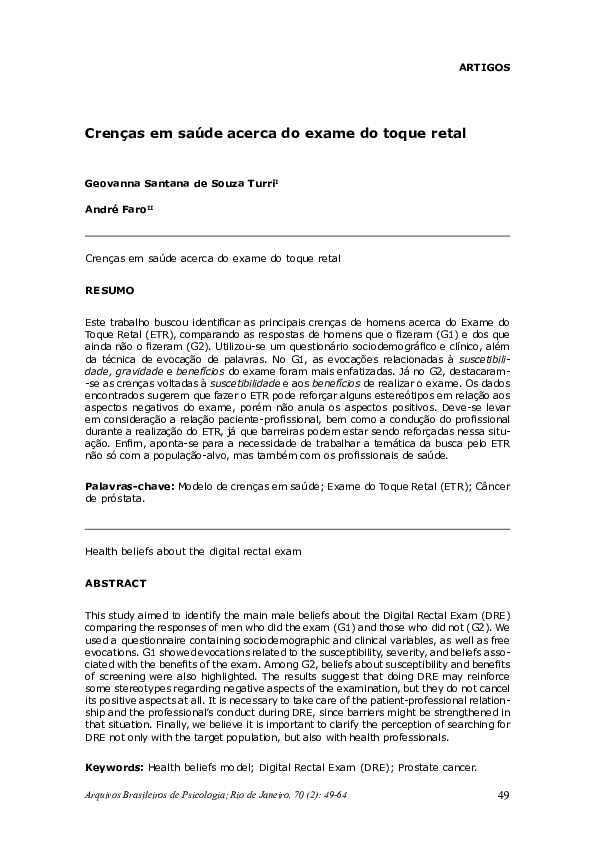 (PDF) Crenças em saúde acerca do exame do toque retal | André Faro ...