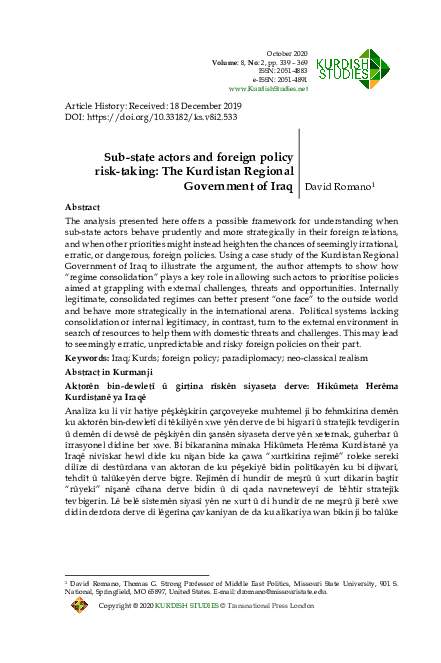 (PDF) Sub-state actors and foreign policy risk-taking: The Kurdistan ...