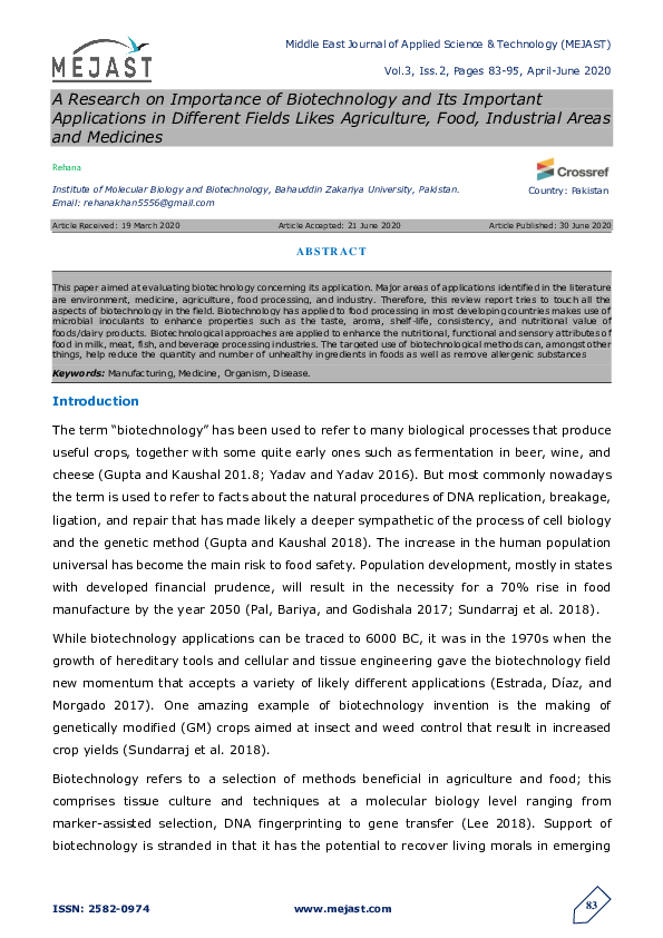 (PDF) A Research on Importance of Biotechnology and Its Important ...