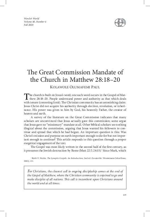 (PDF) The Great Commission Mandate of the Church in Matthew 28:18–20