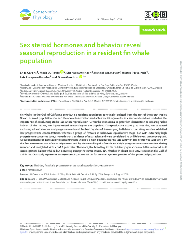 Pdf Sex Steroid Hormones And Behavior Reveal Seasonal Reproduction In A Resident Fin Whale