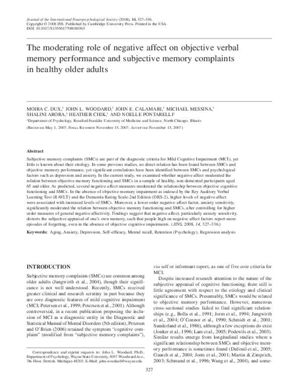 Pdf The Moderating Role Of Negative Affect On Objective Verbal Memory