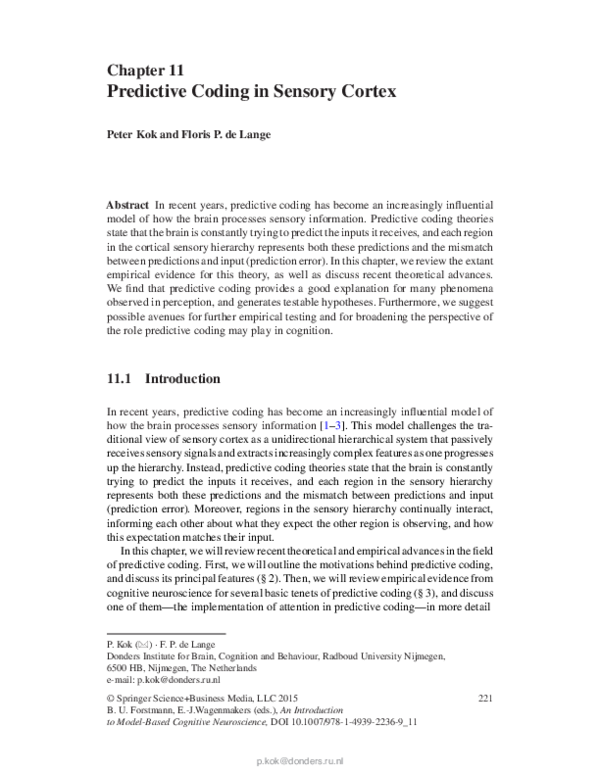 Pdf Predictive Coding In Sensory Cortex
