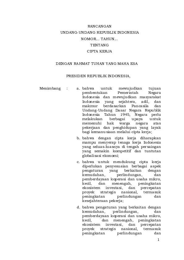 Pdf Uu Cipta Kerja Final Paripurna
