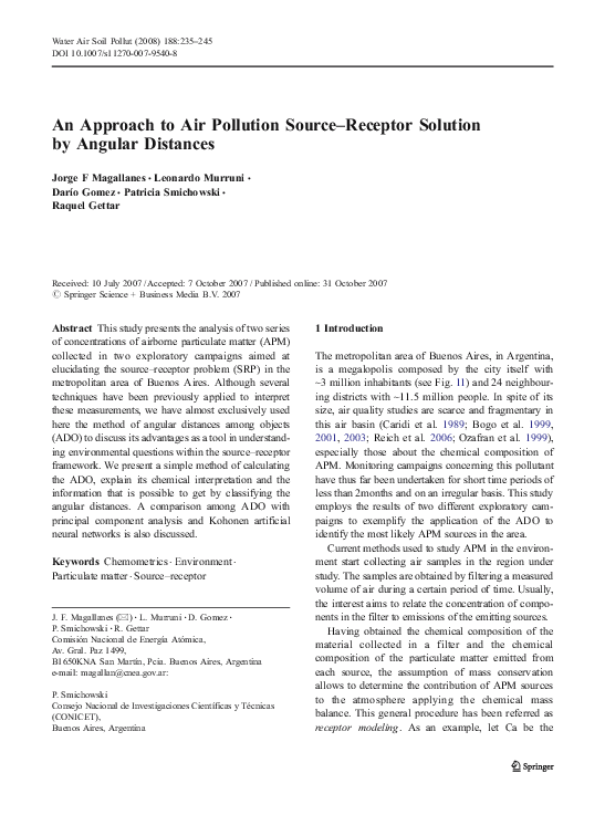 Pdf An Approach To Air Pollution Sourcereceptor Solution By Angular Distances