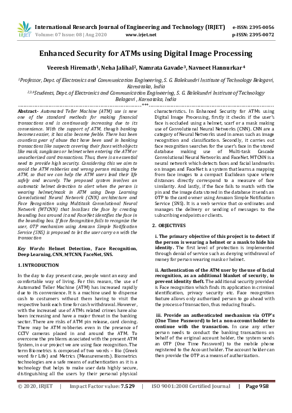 (PDF) IRJET- Enhanced Security for ATMs using Digital Image Processing