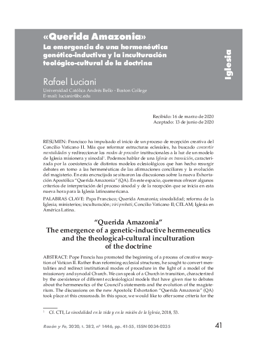 (PDF) Querida Amazonia. La emergencia de una hermenéutica genético inductiva y la inculturación ...