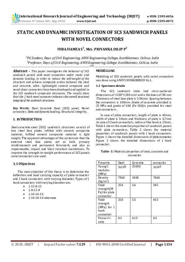 (PDF) IRJET- STATIC AND DYNAMIC INVESTIGATION OF SCS SANDWICH PANELS ...
