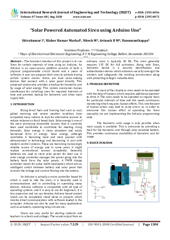 (PDF) IRJET- "Solar Powered Automated Siren using Arduino Uno"