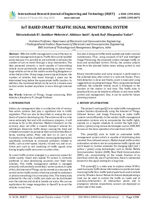 (PDF) IRJET- IoT BASED SMART TRAFFIC SIGNAL MONITORING SYSTEM